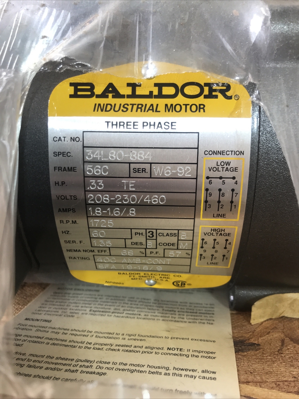Baldor 3 Phase Motor 34L80-884 Hp .33 Amp 1.8-1.6/.8 Rpm 1750 Hz 60 New ...
