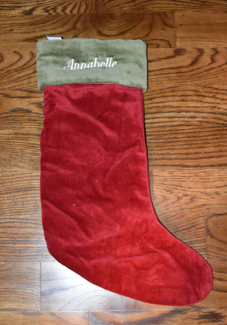 Pottery Barn Classic Velvet Stocking Red & Green Monogram Annabelle NWT ...