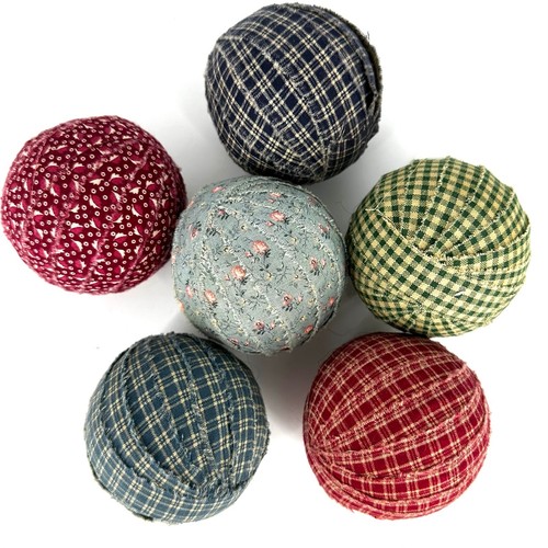 6 Rag balls 3" jar fillers gingham calico blue burgandy green primative ...