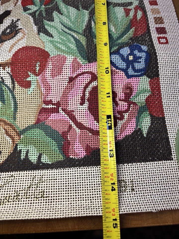 Handpainted Signed Needlepoint Canvas Garden Rabbit Floral Berries ...
