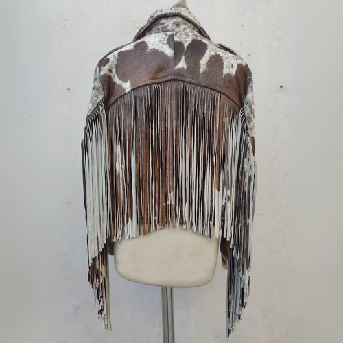 Women Cowhide Fringe Leather Jacket Western Boho Cowgirl Hair On Hide ...
