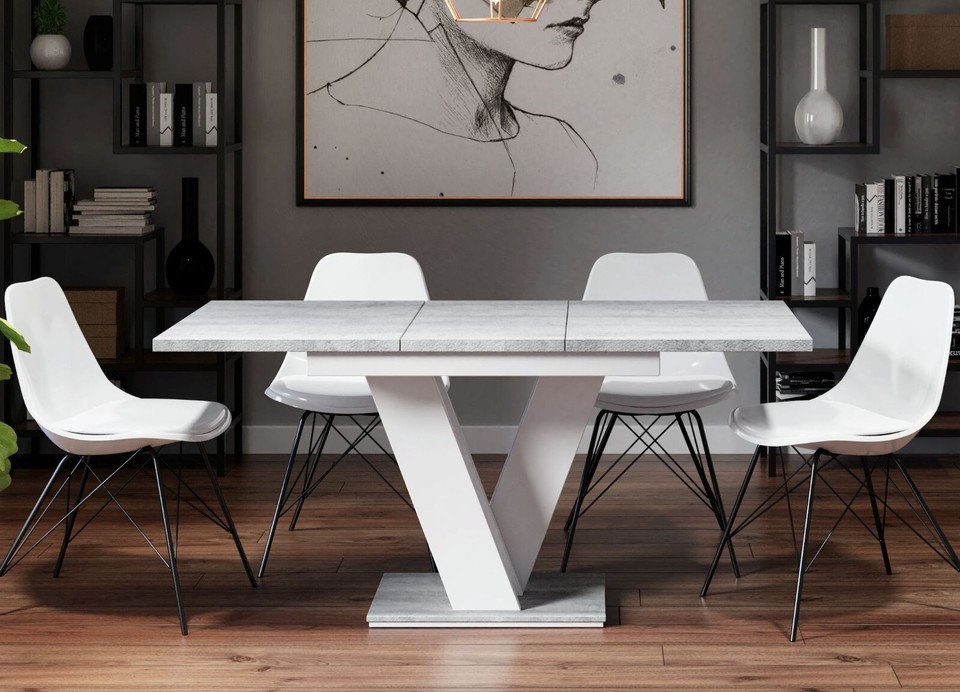 Grey White Dining Table Extendable 120 160cm Modern V Leg Marble Effect ...