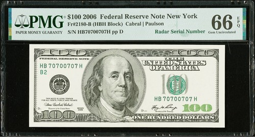 $100 2006 Federal Reserve Note New York “RADAR SERIAL NUMBER” PMG 66 ...