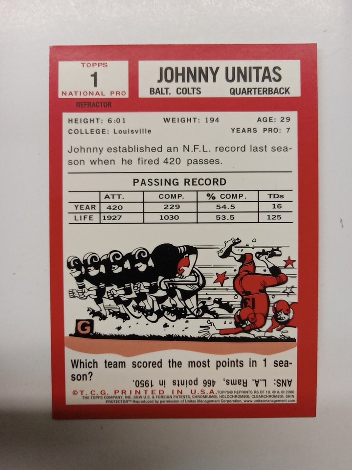 2000 Topps - Johnny Unitas 1962 Reprint #R6 Refractor Colts Free ...