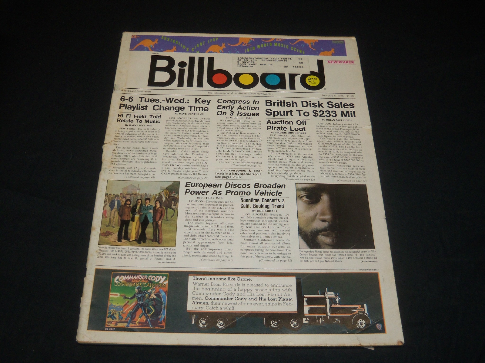 1975 FEBRUARY 8 BILLBOARD MAGAZINE - GREAT MUSIC ADS TOP 100 CHART - R ...