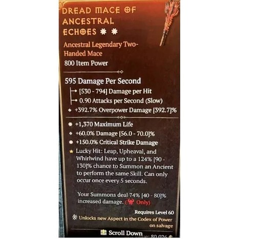 Diablo 4 Season 7 Dread Mace Of Ancestral Echoes 2 GA Ancestral Unique ...