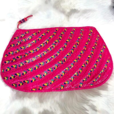 Vibrant Straw Multicolored Fushia Clutch Purse | eBay