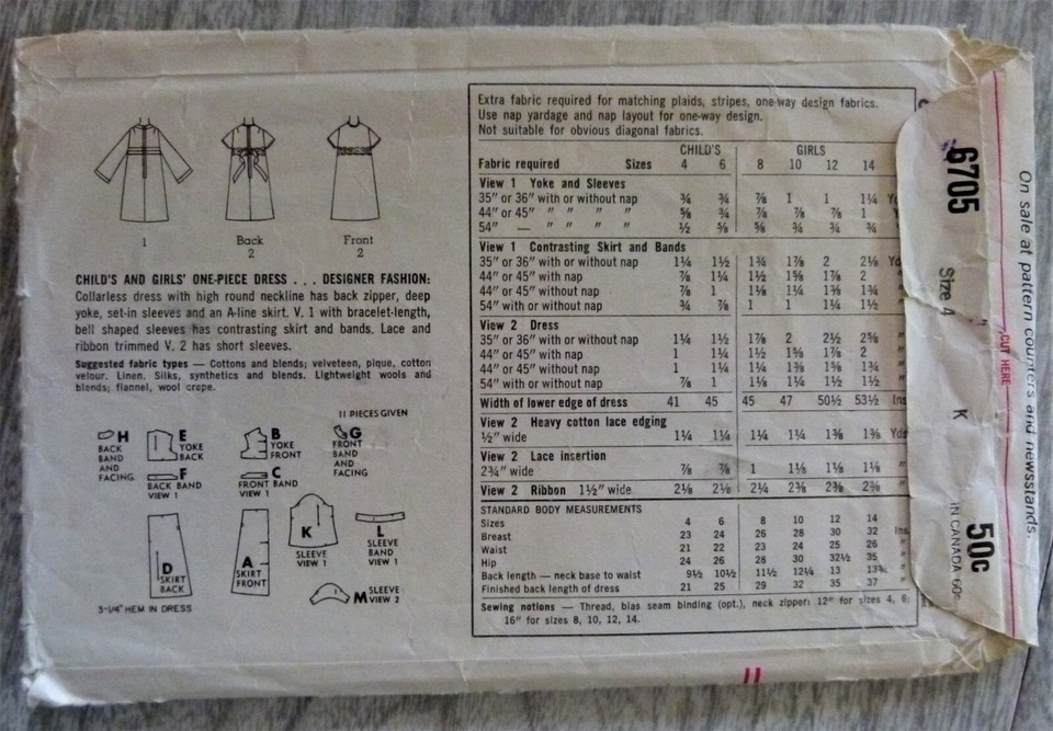 Simplicity Vintage 1966 One Piece Dress #6705 Sewing Pattern Child Size ...