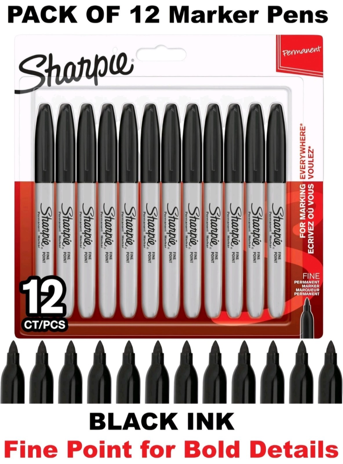 Sharpie Permanent Markers Fine Point for Bold Details Black Ink 12 ...