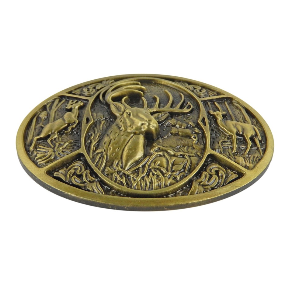 Men's Deer Belt Buckle Bucks Hunter Antique Bronze Tone Western Fits 1. ...