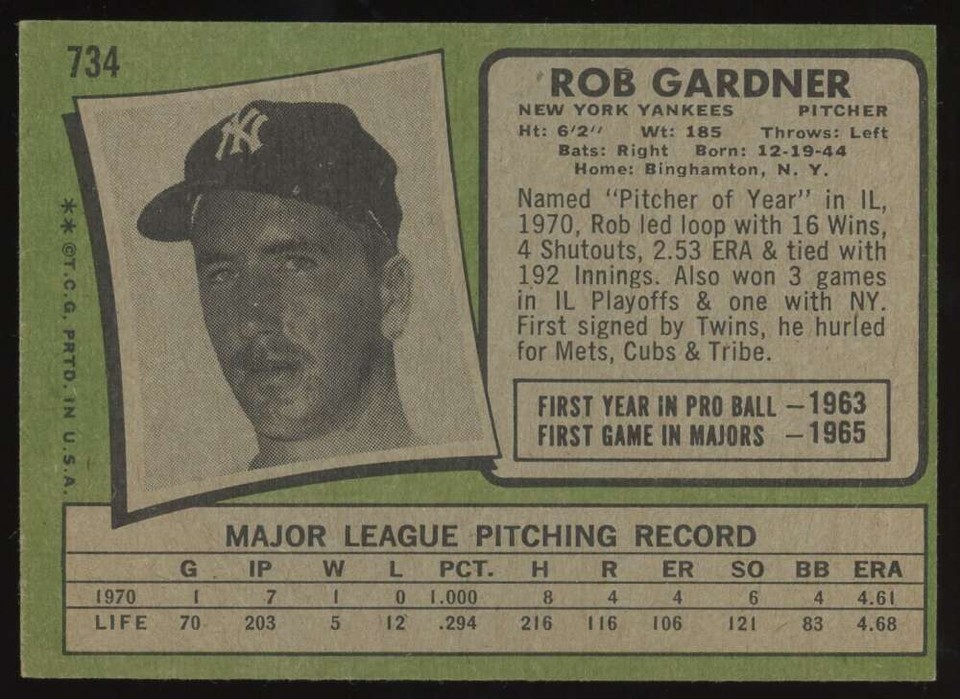 1971 Topps Rob Gardner #734 New York Yankees Baseball Card High Number ...