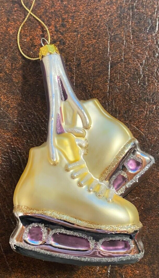 6” Pair of Gold Ice Skates Blown Glass Christmas Ornament Ice Skating ...