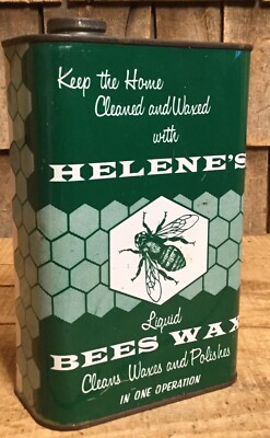 Vintage 1 Qt HELEN’S Liquid Bees Wax Polish Tin Can W Cool Bee Hive ...