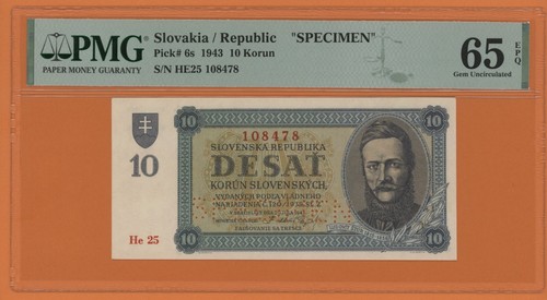 SLOVAKIA SPECIMEN 10 KORUN 1943 PICK # 6s PMG 65 GEM UNCIRCULATED EPQ ...