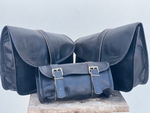 Pair Black Smooth Leather Motorcycle 3 Saddle Bag Panniers Swing Arm ...