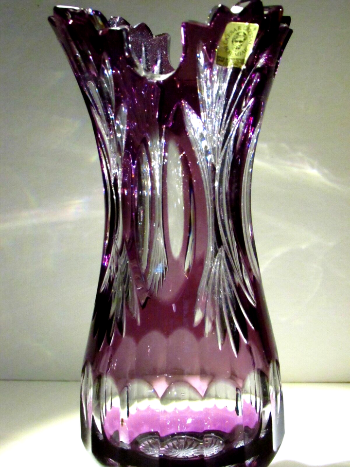 CAESAR CRYSTAL Purple Vase Hand Cut to Clear Overlay Czech Bohemian ...