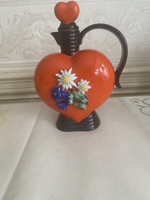 Gorgeous HEART SHAPED Pitcher w/ Lid Finial EMBOSSED FLOWERS red black ...
