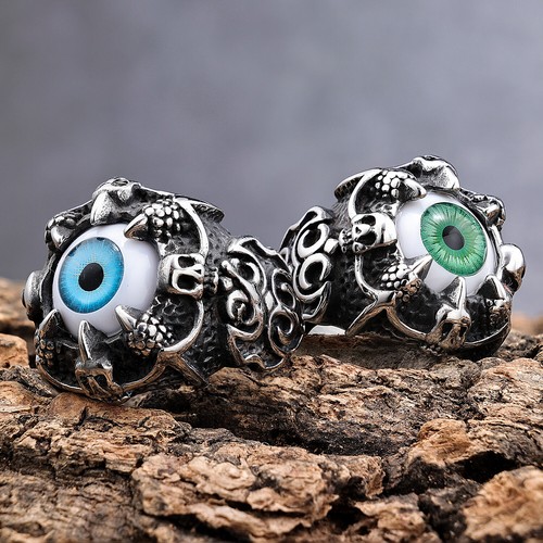 Gothic Eye Rings Green/Bule Eyeball Skull Claw Ring Men Women Stainless ...