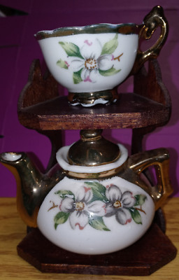 Mini Tea Pot And Cup With Wooden Stand Apple Blossom flowers | eBay