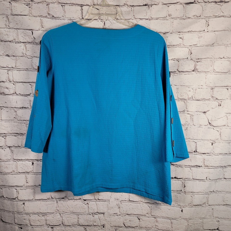 ALI MILES Womens L Blue Tunic Top 3/4 Sleeve Crinkle Artsy Lagenlook ...