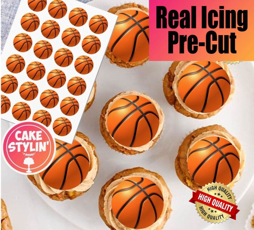 24 x BASKETBALL Edible Cupcake Toppers ICING SHEET Sports Ball Cake Pre ...
