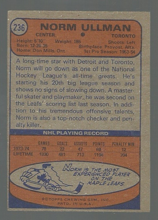 1974 TOPPS HOCKEY #236 NORM ULLMAN HOF EX/MT+ TORONTO MAPLE LEAFS KEY ...