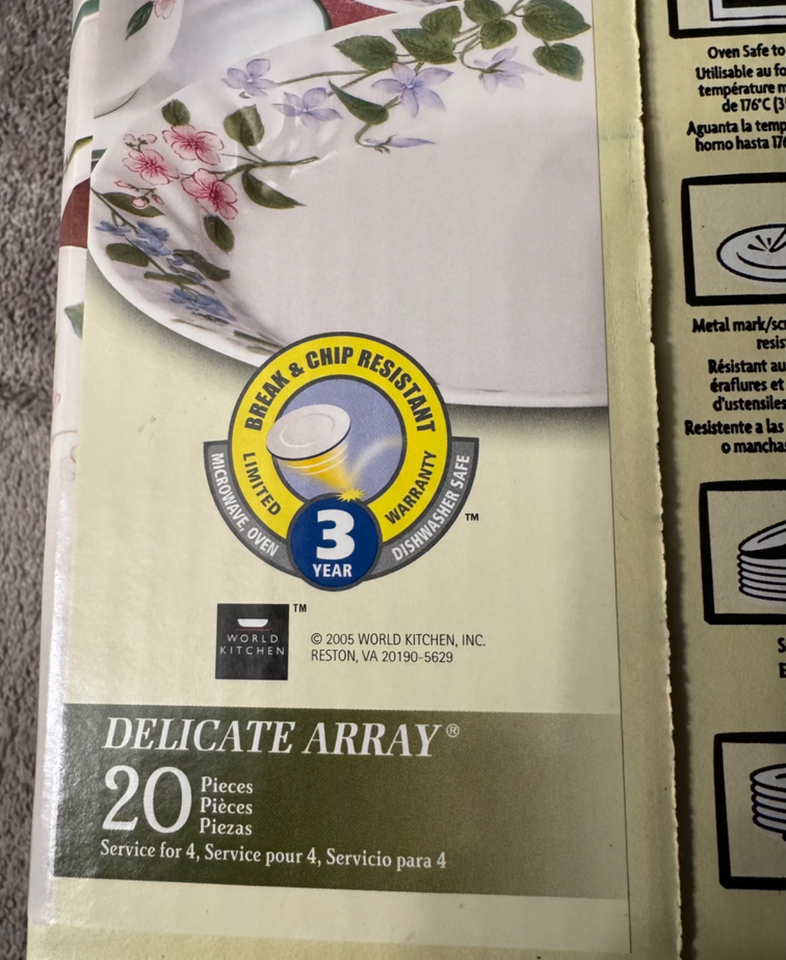 NEW 20 Piece Set Corelle Delicate Array Floral, Made In USA lightweight ...