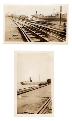 1920s? 2 Photos Unknown Dock Scene Ships Freighters Barge Railroad ...