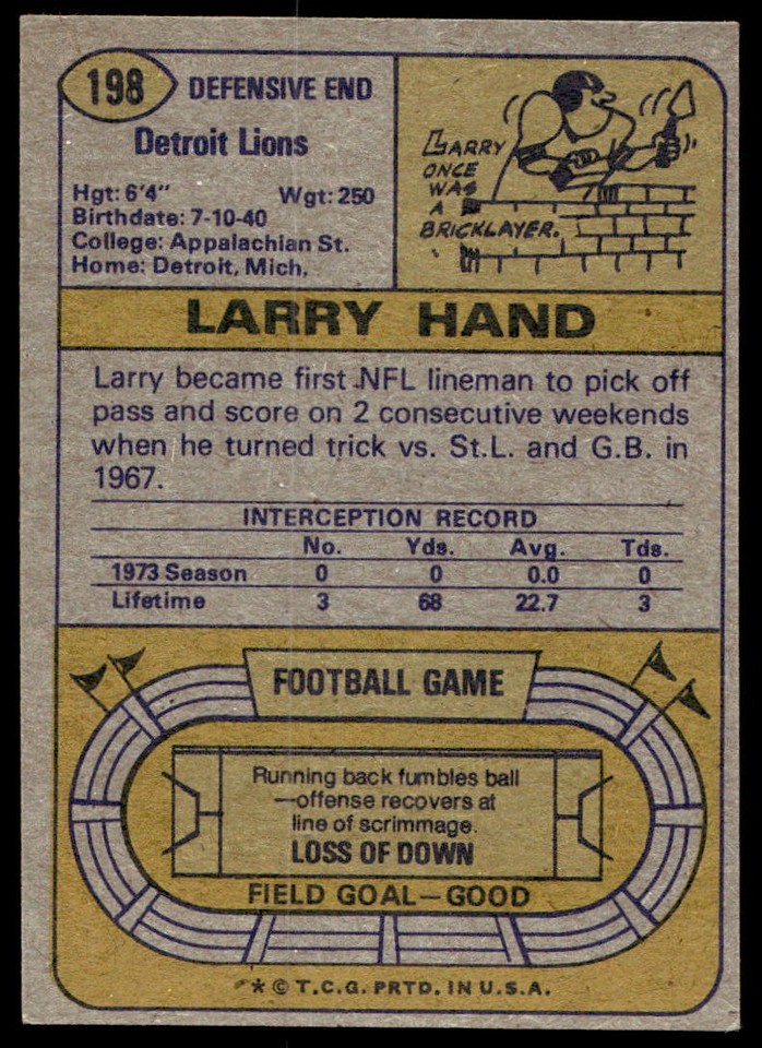 1974 Topps Larry Hand #198 C1 | eBay