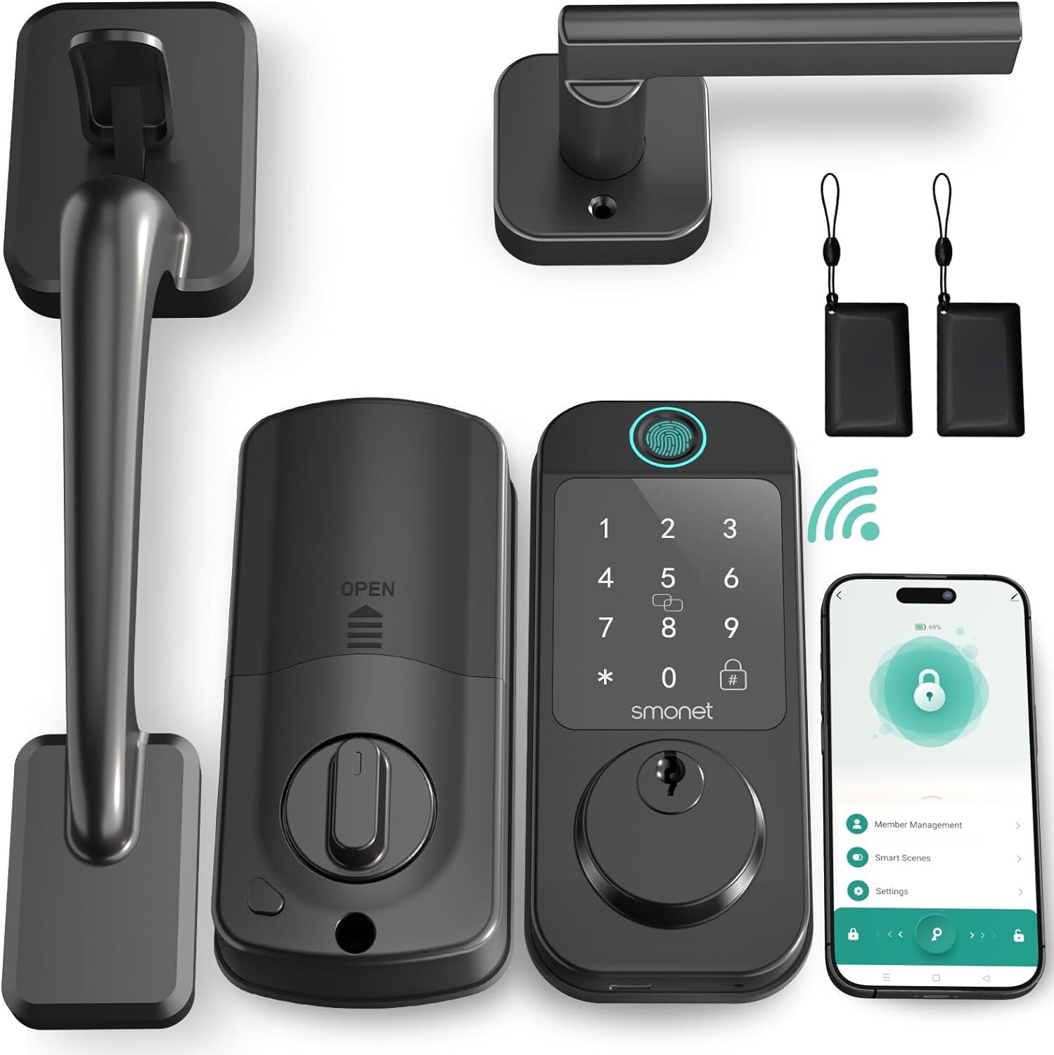 SMONET WiFi Front Door Lock Set Fingerprint Keyless Entry Smart Digital ...