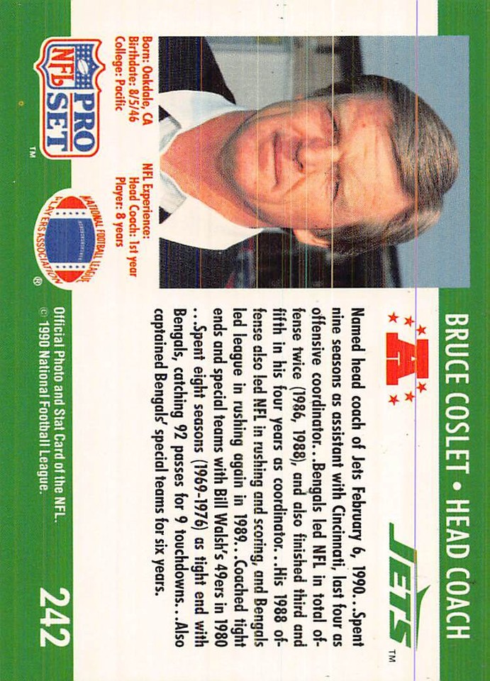 Bruce Coslet 1990 Pro Set 242 New York Jets Football Card | eBay