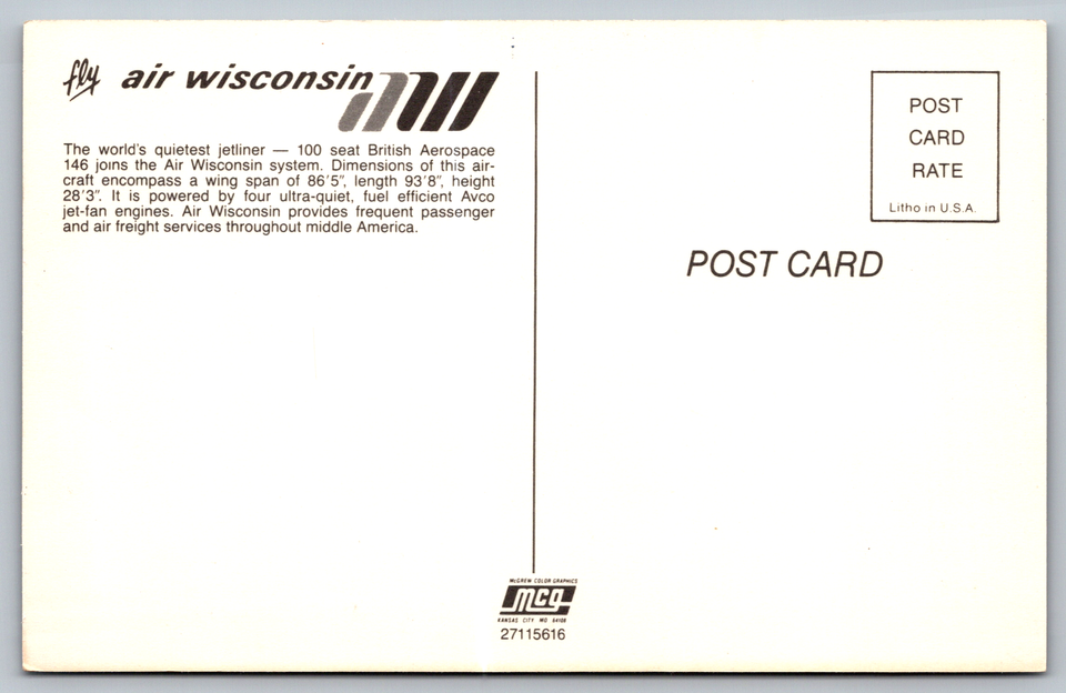 Air Wisconsin Jetliner Flying Airplane Vintage Postcard | eBay
