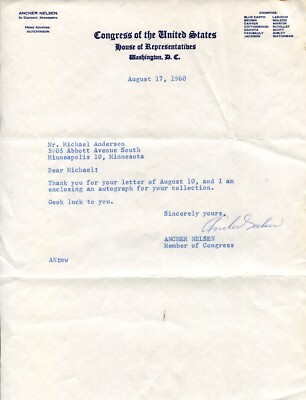 Ancher Nelsen US Congress Representative Minnesota Lt Governor Signed ...