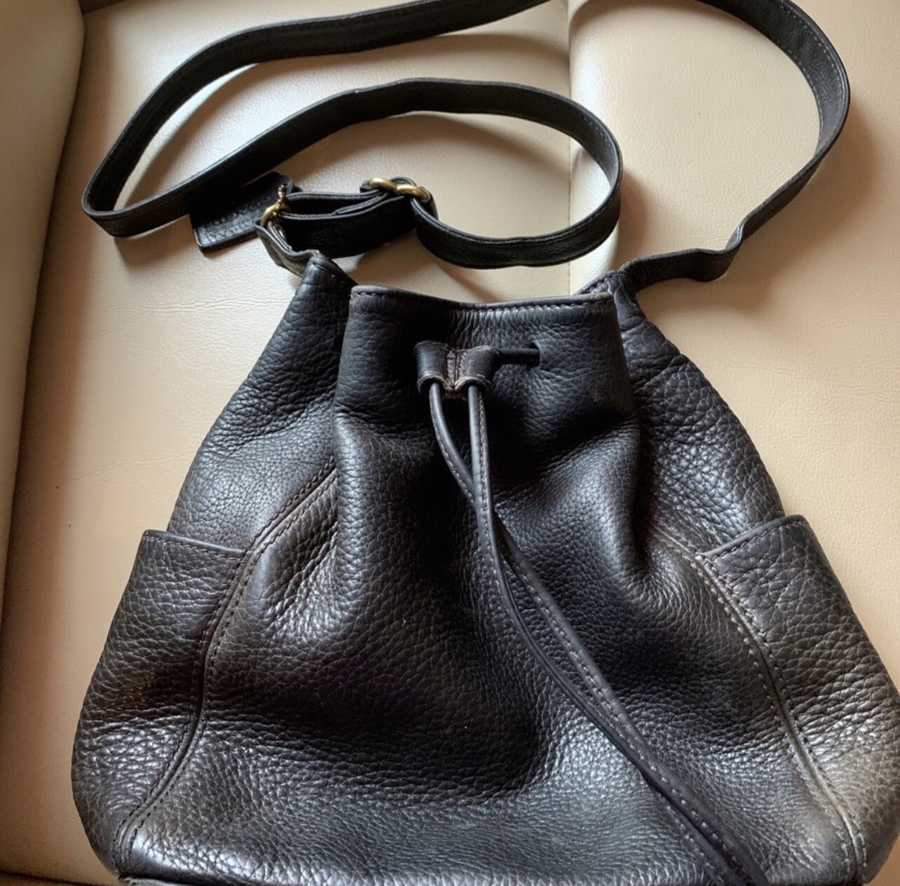Vintage Coach Drawstring Pebbled Black Leather Bucket… - Gem