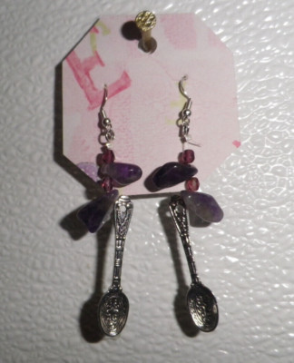 Spoon Earrings Amethyst Gemstone Beads Handmade NEW Charms Silvertone ...