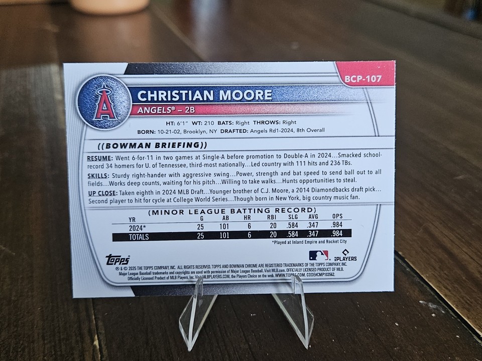 Christian Moore 2025 Bowman Chrome M/B #BCP-107 Fuchsia Ref /299 Angels ...
