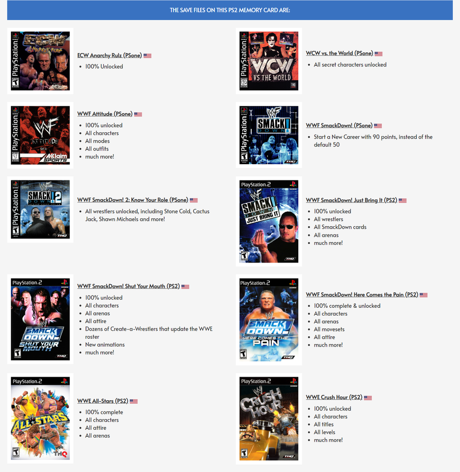WRESTLING PS2 PS1 | MEMORY CARD SAVES | 100% Complete! WWE WCW ECW WWF ...