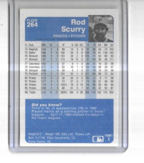 1984 Fleer #264 Rod Scurry Pittsburgh Pirates | eBay