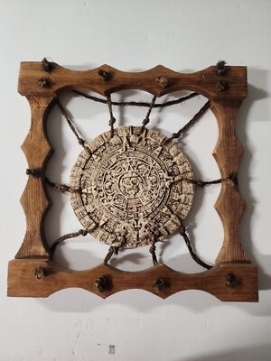 Mexican Aztec Mayan Calendar Wall Decor 9" Resin w/ 16" Wood Frame ...
