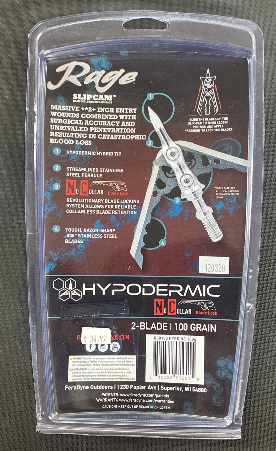 Rage Slipcam Hypodermic 2- Blade 100 Grain 2" + Cut 818322012515| eBay
