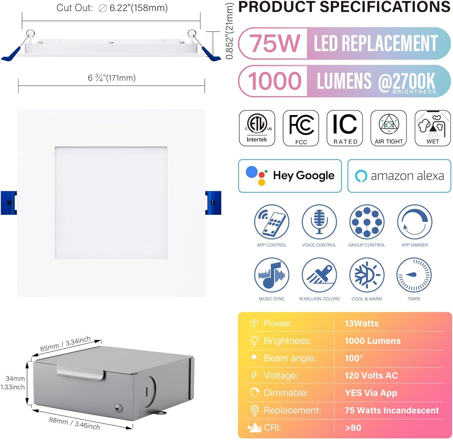 6" LED Smart Slim Recessed Pot Light, Square, Wifi APP & Voice Control ...