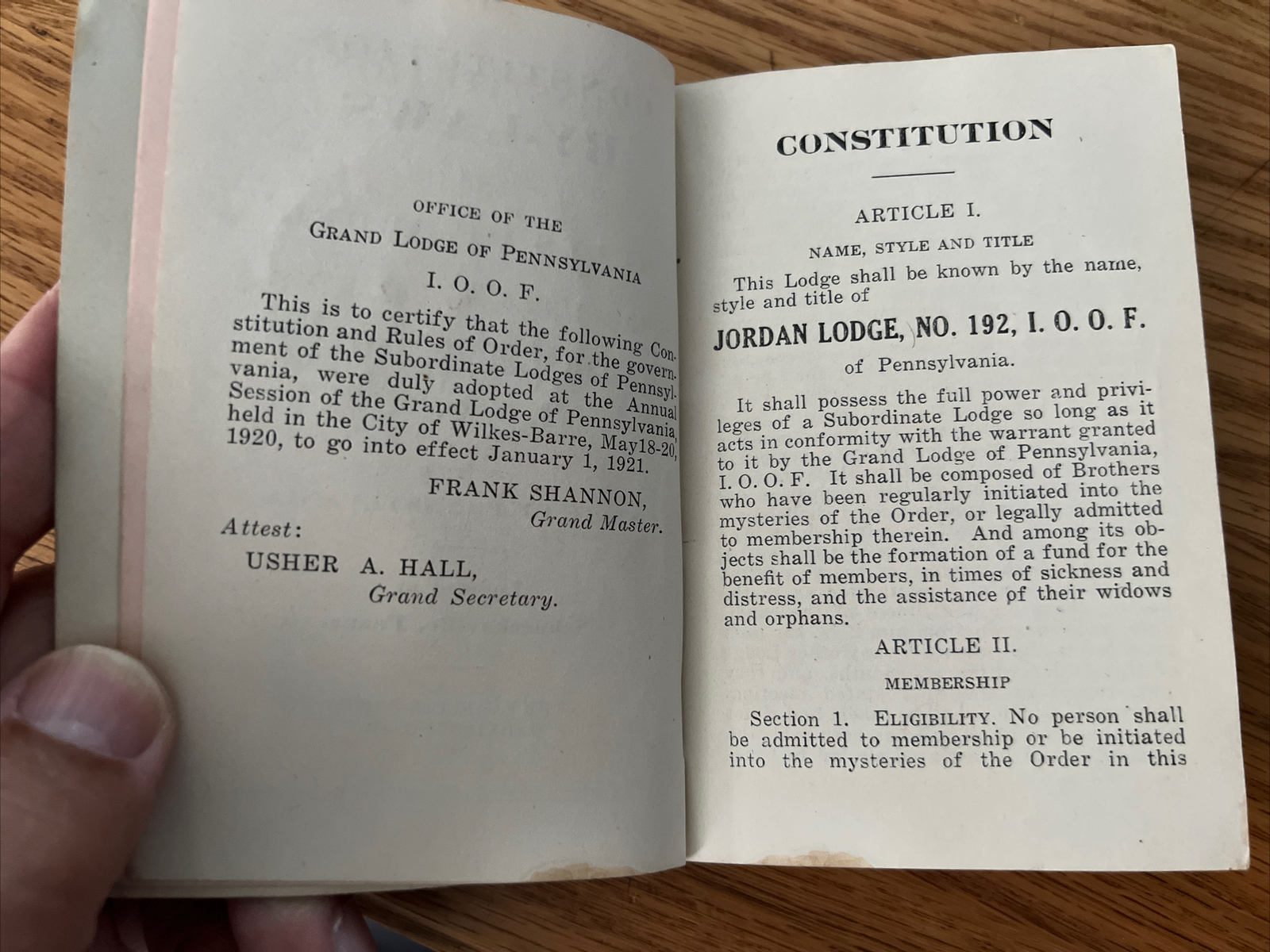 1921 I.O.O.F. Jordan Lodge No. 191 Constitution By-Laws, Schnecksville ...