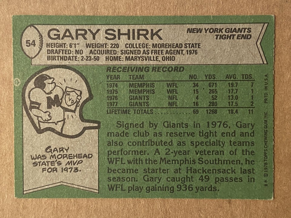 GARY SHIRK Signed ROOKIE 1978 Topps #54 NY Giants Morehead State ...