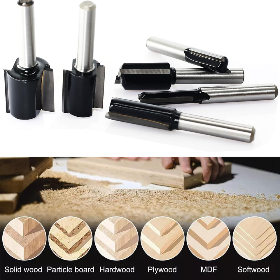 6Pcs Straight Router Bit Set 1/4 Shank, Double Flute Straight Bit Dado ...