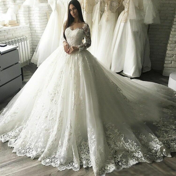 Princess Wedding Dresess With Long Sleeves Sweep Train Luxury Bridal ...