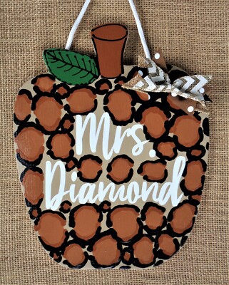 Personalize APPLE Leopard Print Teacher SIGN School Classroom Plaque ...
