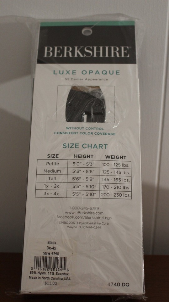 Berkshire Luxe Opaque Non-Control Tights 4740 Black Sizes Tall & 3X-4X ...