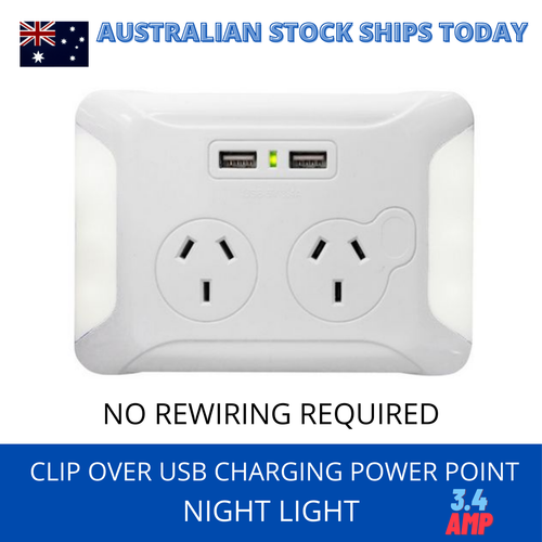 Eversure Clip Over Wall Plate With 2 x USB Charging Double GPO & Night ...
