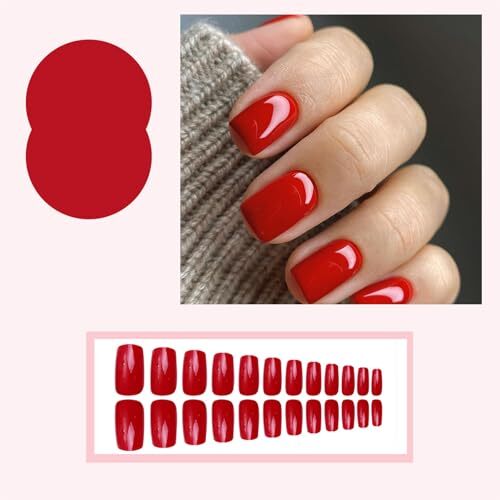 Red Press on Nails Short Square Fake Nails Classic Red Glossy Handmade ...