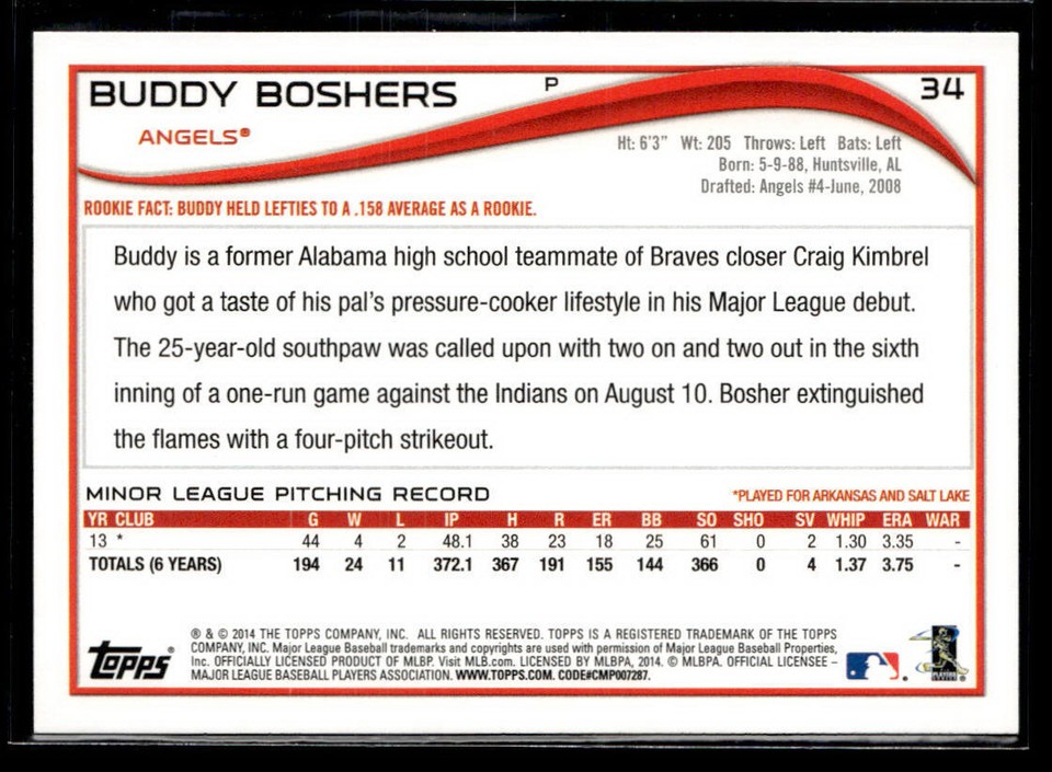 2014 Topps Baseball Buddy Boshers #34 Los Angeles Angels | eBay